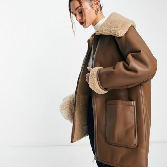 Mango | Jackets & Coats | Nwt Mango Oversized Brown Leather Shearling ...